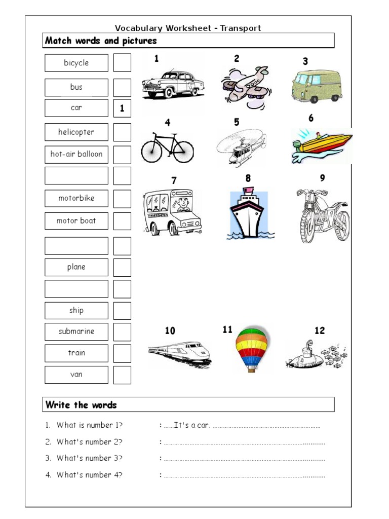Match Words and Pictures 1 2 3: Vocabulary Worksheet - Transport | PDF