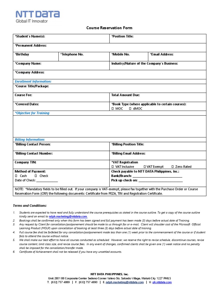 Course Reservation Form | PDF | Cheque | Value Added Tax
