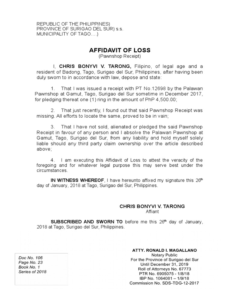 Aff. Loss Pawnshop Receipt Palawan | PDF