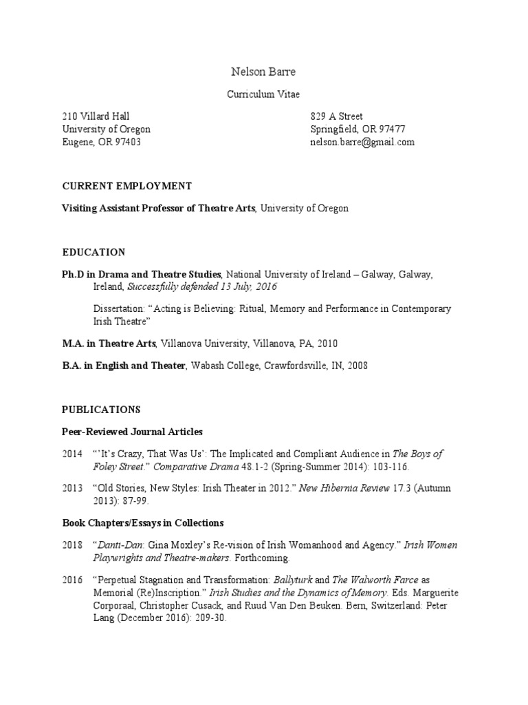 Nelson Barre CV | PDF | Theatre | Academia