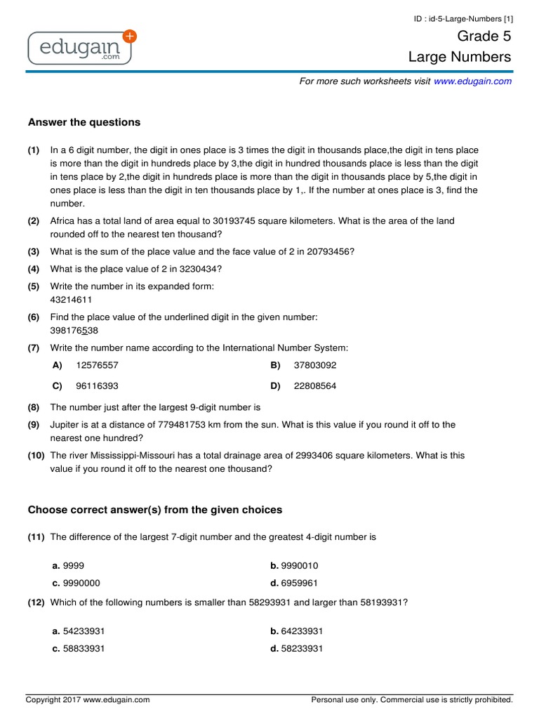 Grade 5 Large Numbers Id | PDF | Natural Number | Numbers