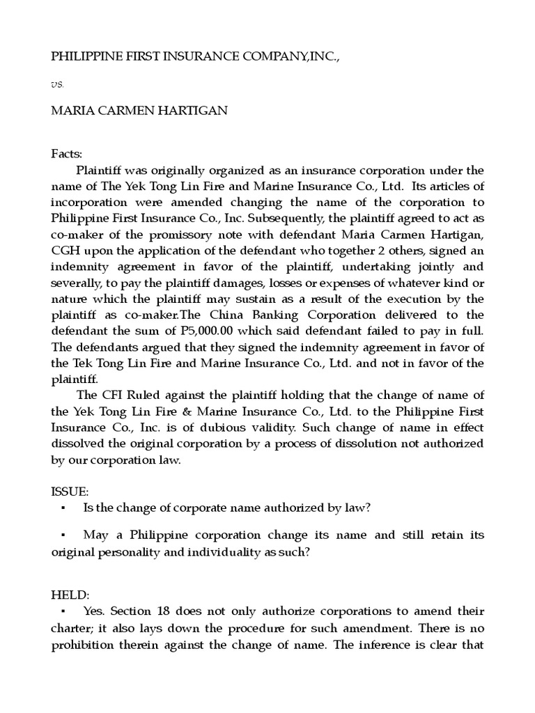 Philippine First Insurance Vs Hartigan | PDF