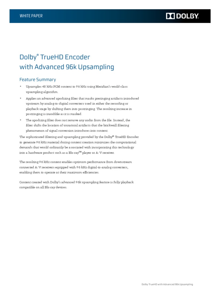 Dolby True HD Encoder White Paper | PDF | Sound Recording And ...