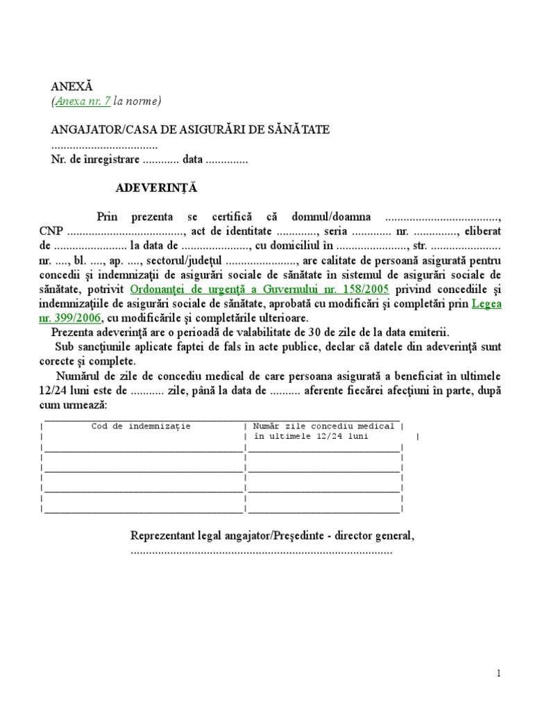 Anexa 7 - Adeverinta Cu Numarul de Zile de Concediu Medical Pentru ...