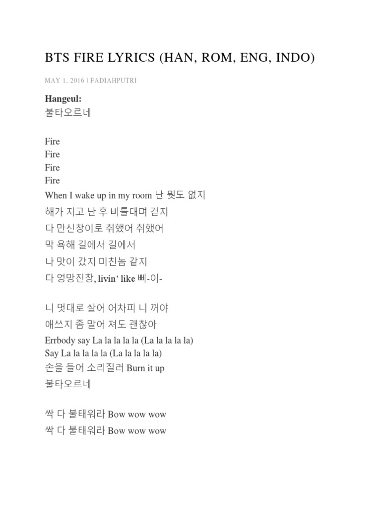 Bts Fire Lyrics (Han, Rom, Eng, Indo) : Hangeul | PDF