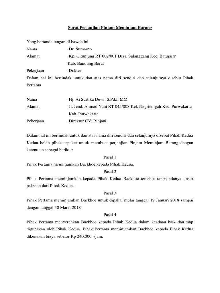 Surat Perjanjian Pinjam Meminjam Barang