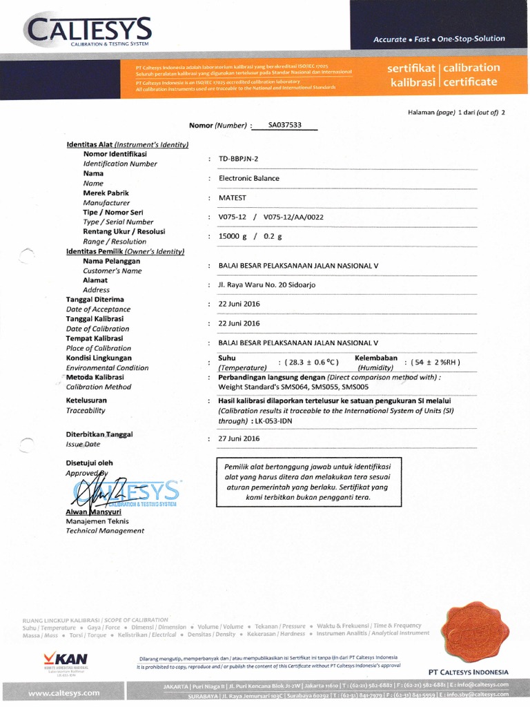 Contoh Sertifikat Kalibrasi Alat | PDF