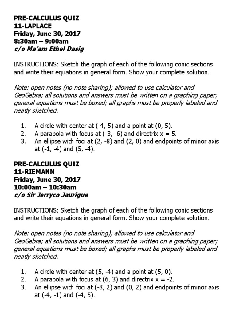 Pre-Calc Quizzes Conic Sections | PDF | Geometric Objects | Classical ...