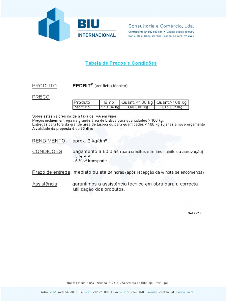 Tabela Preços - BIU 2011 - Pedrit | PDF | Negócios | Finanças e ...