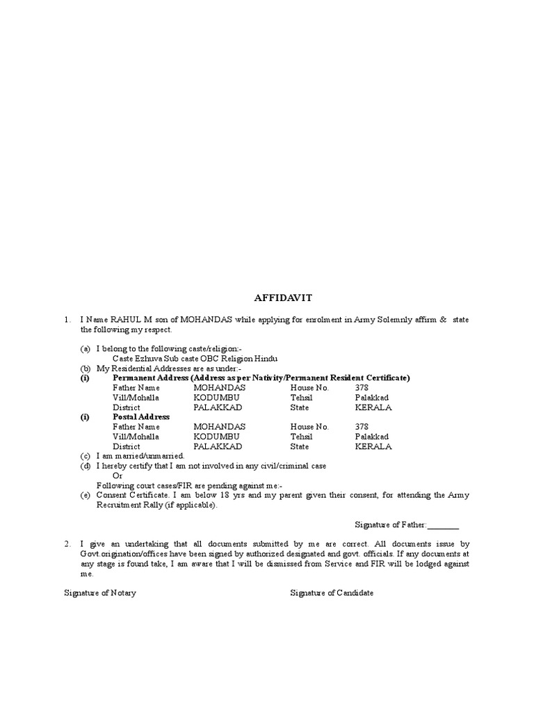 Affidavit: (I) Permanent Address (Address As Per Nativity/Permanent ...