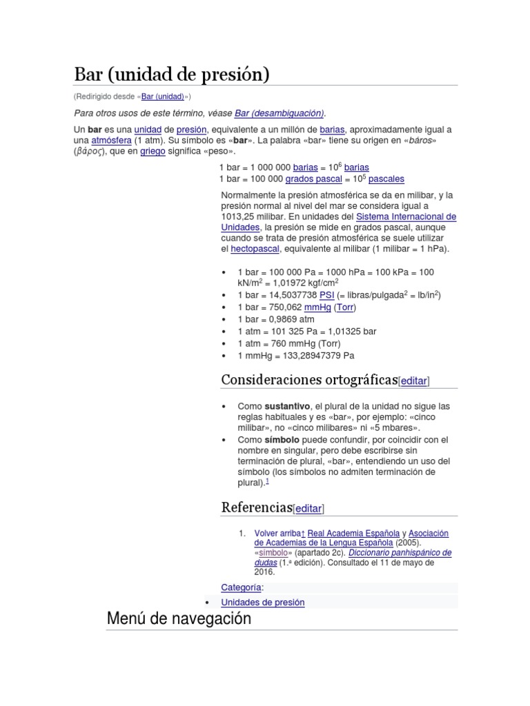 Bar | PDF | Pascal (Unidad) | Unidades de medida