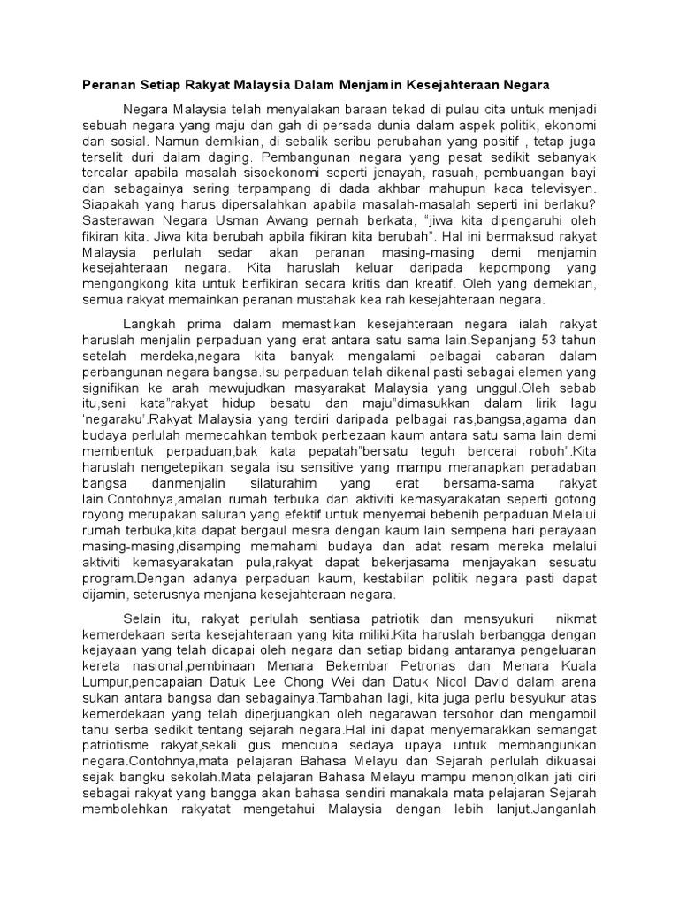 Peranan Setiap Rakyat Malaysia Dalam Menjamin Kesejahteraan Negara | PDF