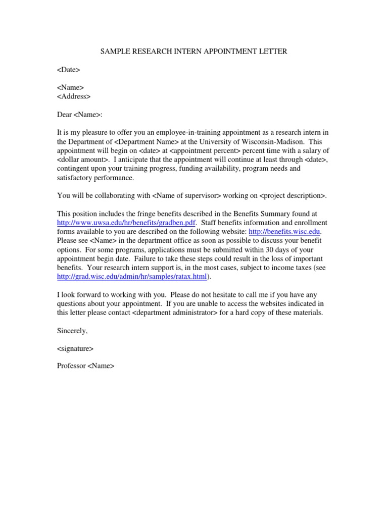 Sample Research Intern Appointment Letter | PDF