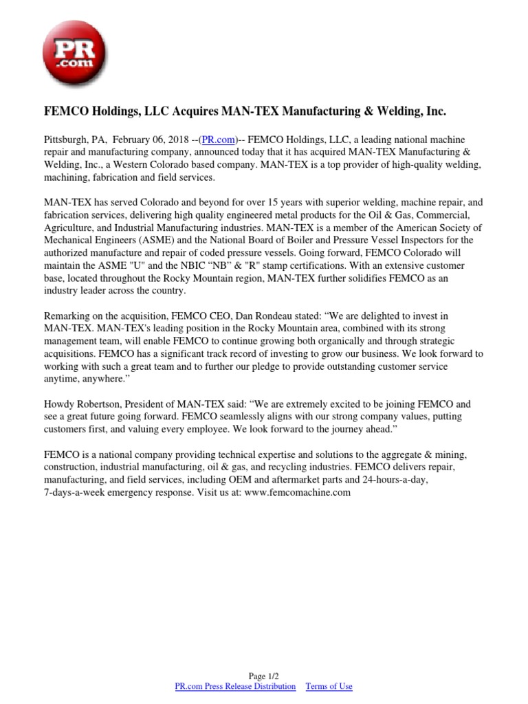 FEMCO Holdings, LLC Acquires MAN-TEX Manufacturing & Welding, Inc ...