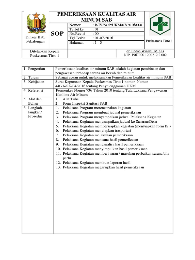 SOP IKL Pemeriksaan Kualitas Air Minum SAB | PDF | Kesehatan Holistik ...