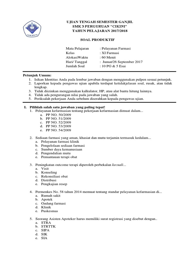 Soal Uts Pelayanan Farmasi Xi | PDF