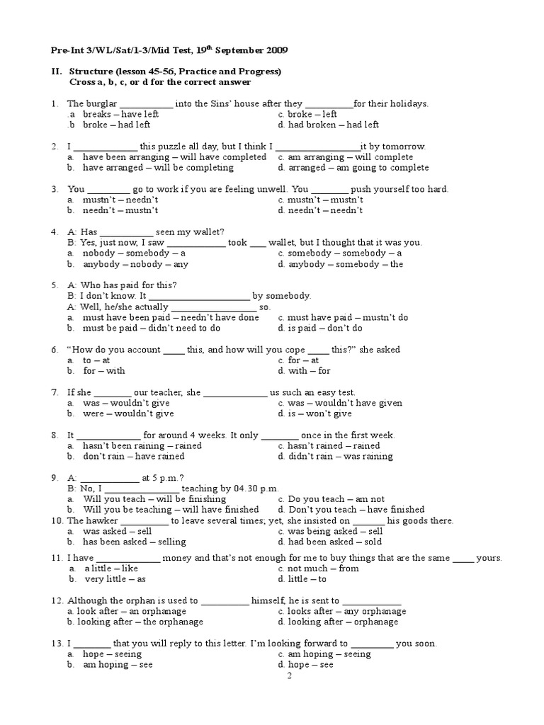 Pre-Int 3/WL/Sat/1-3/Mid Test, 19 September 2009 II. Structure (Lesson ...