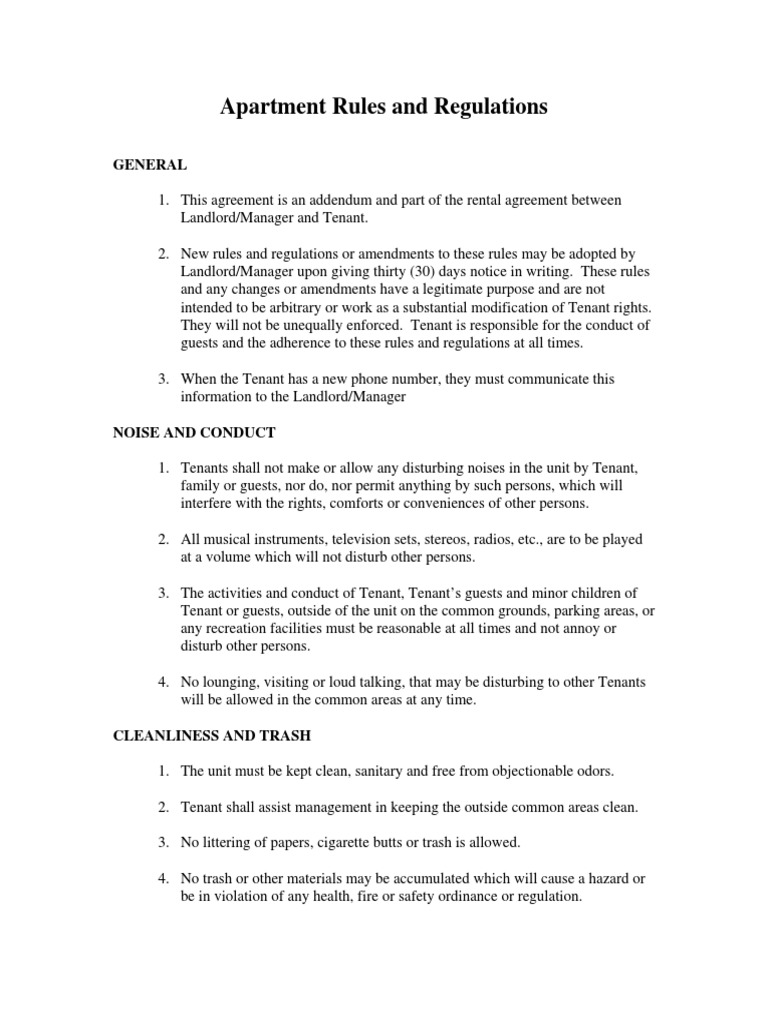 Apartment Tenant Rules and Regulations | PDF | Leasehold Estate | Landlord