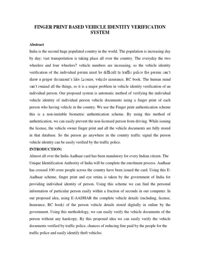 Finger Print Based Vehicle Identity Verification System | PDF ...