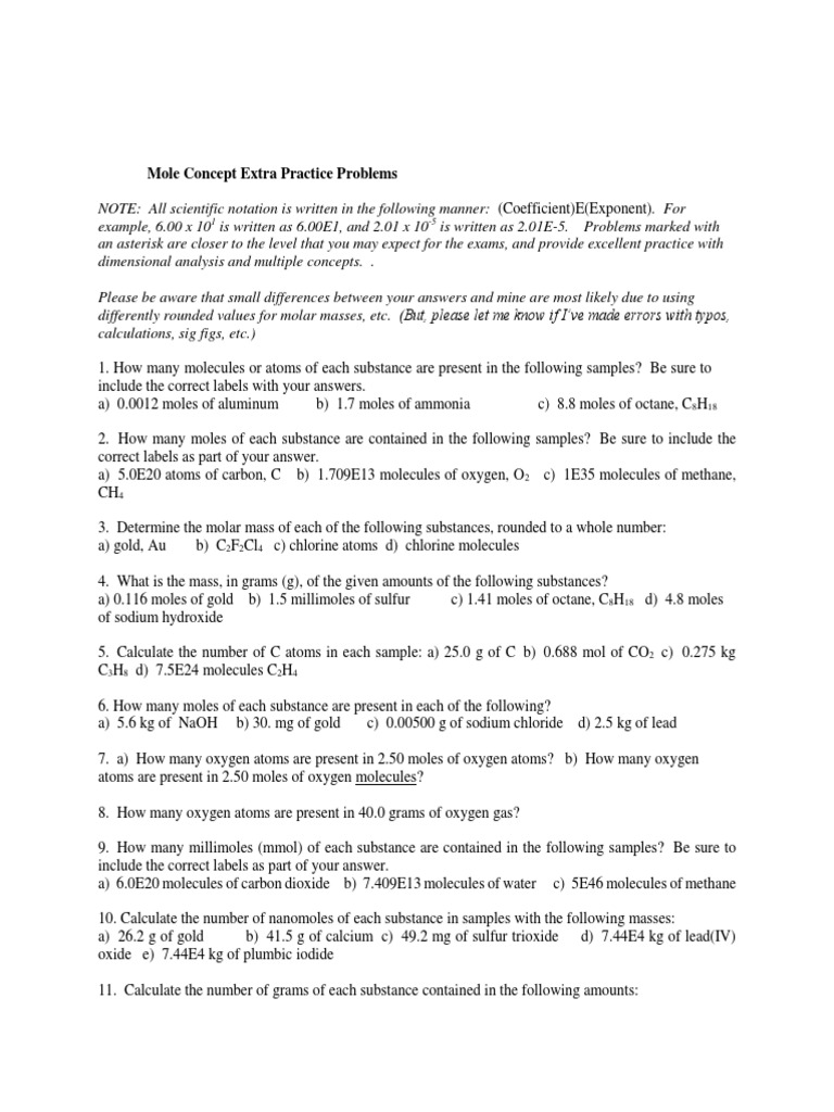 Mole Concept Extra Practice Problems | PDF | Mole (Unit) | Chemical ...