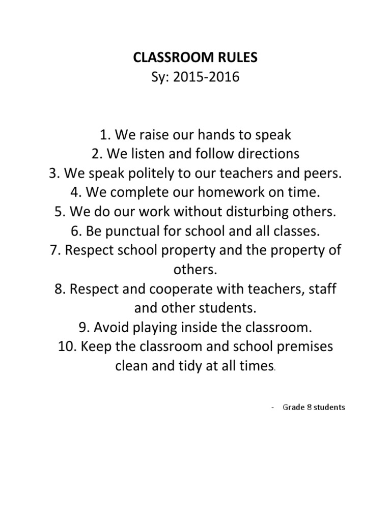 Classroom Rules: - Grade 8 Students | PDF