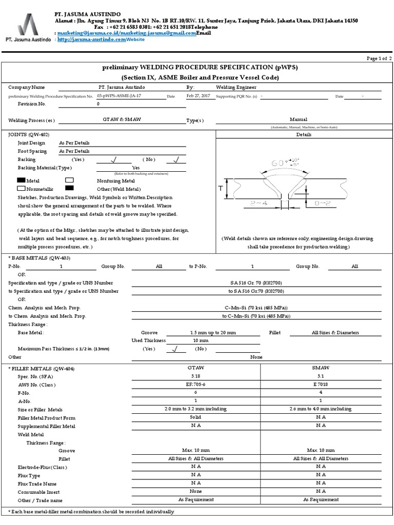 Pwps Asme Gtaw & Smaw | Electric Heating | Welding