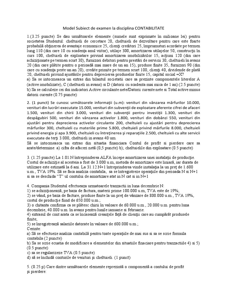 Contabilitate Model Subiect de Examen | PDF