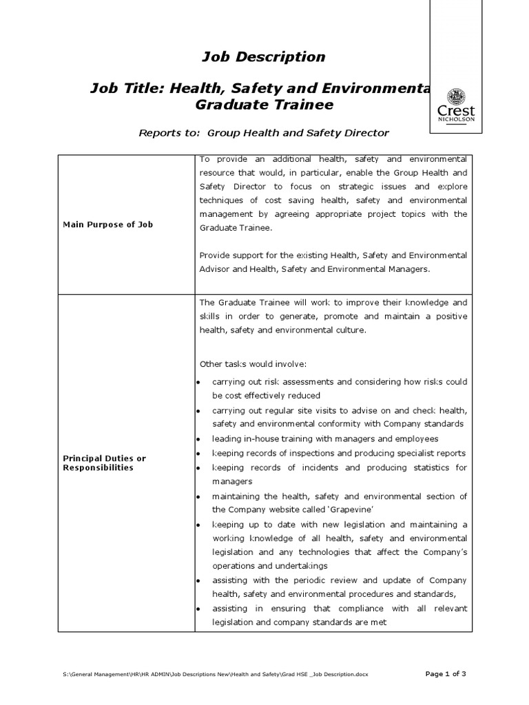 10 5 2013-16-23 Grad HSE Job Description | PDF | Safety | Occupational ...