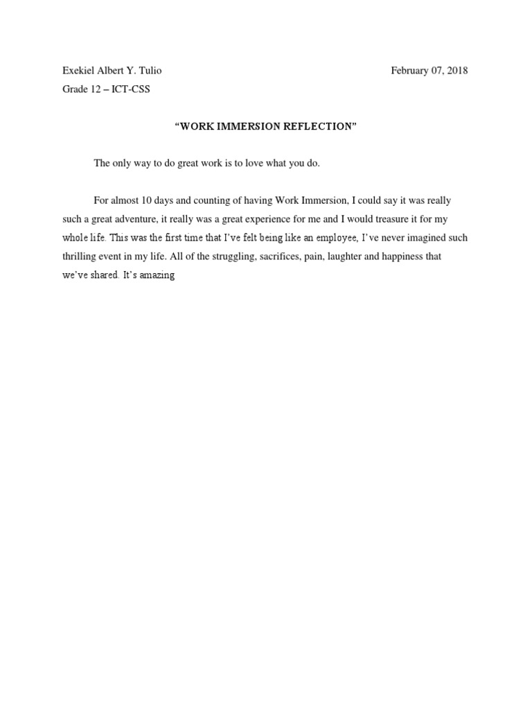 Work Immersion Reflection Summary | PDF | Self-Improvement