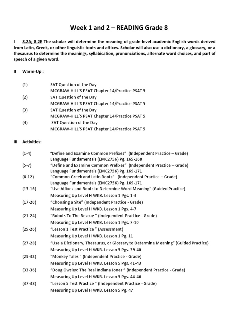 Week 1 and 2 - READING Grade 8 | PDF | Word | Sat