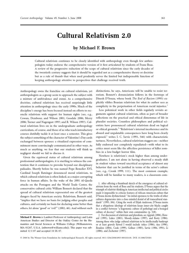 Brown 2008 Cultural Relativism | PDF | Relativism | Franz Boas