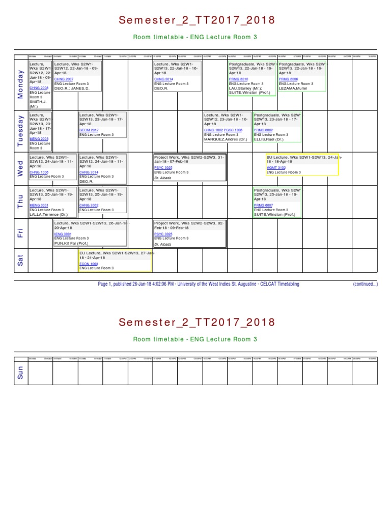 Semester - 2 - TT2017 - 2018: Room Timetable - ENG Lecture Room 3 | PDF