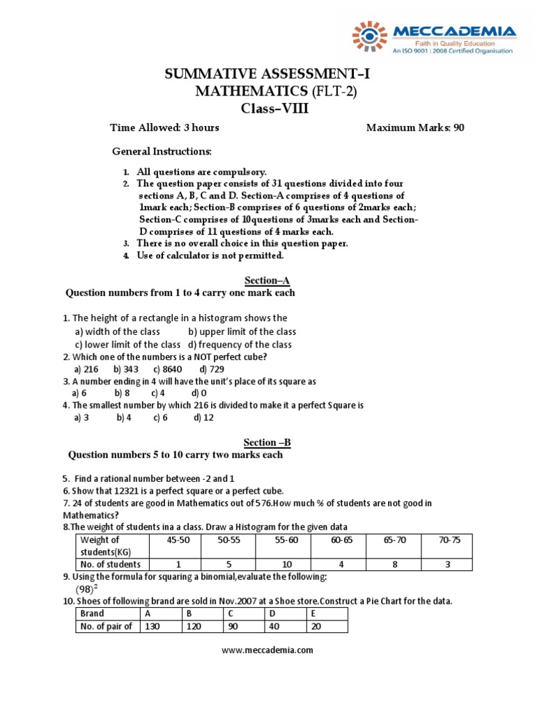 Summative Assessment Math Class 8 | PDF | Histogram | Elementary ...