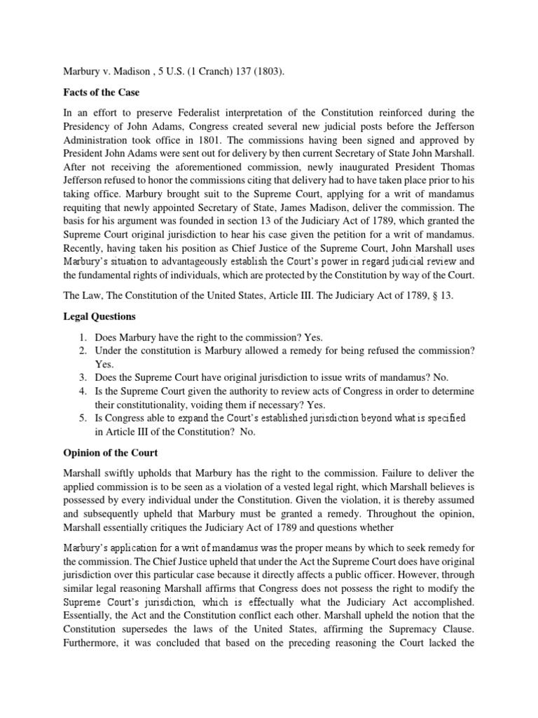 Facts of The Case | PDF | Marbury V. Madison | Supreme Courts