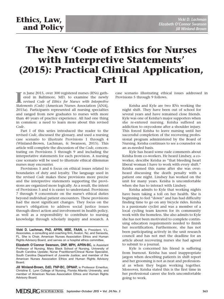 The New ANA Code of Ethics for Nurses Practical Clinical Application ...