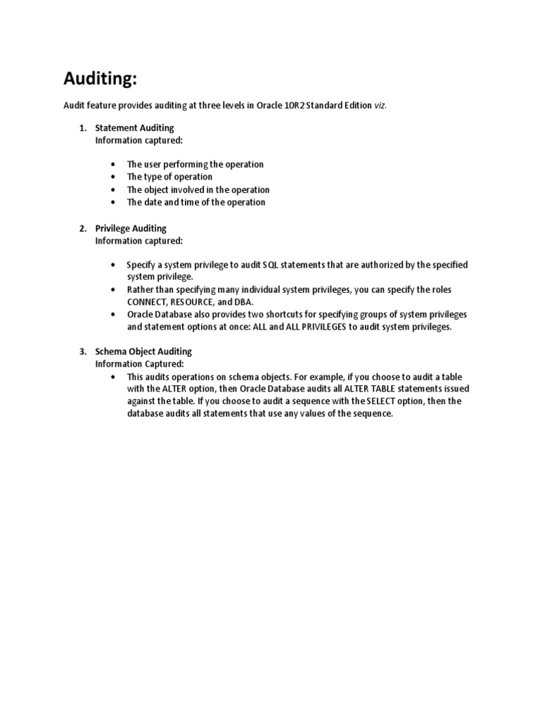 Auditing in Oracle: Statement, Privilege, Schema Object and Cleanup | PDF | Oracle Database ...