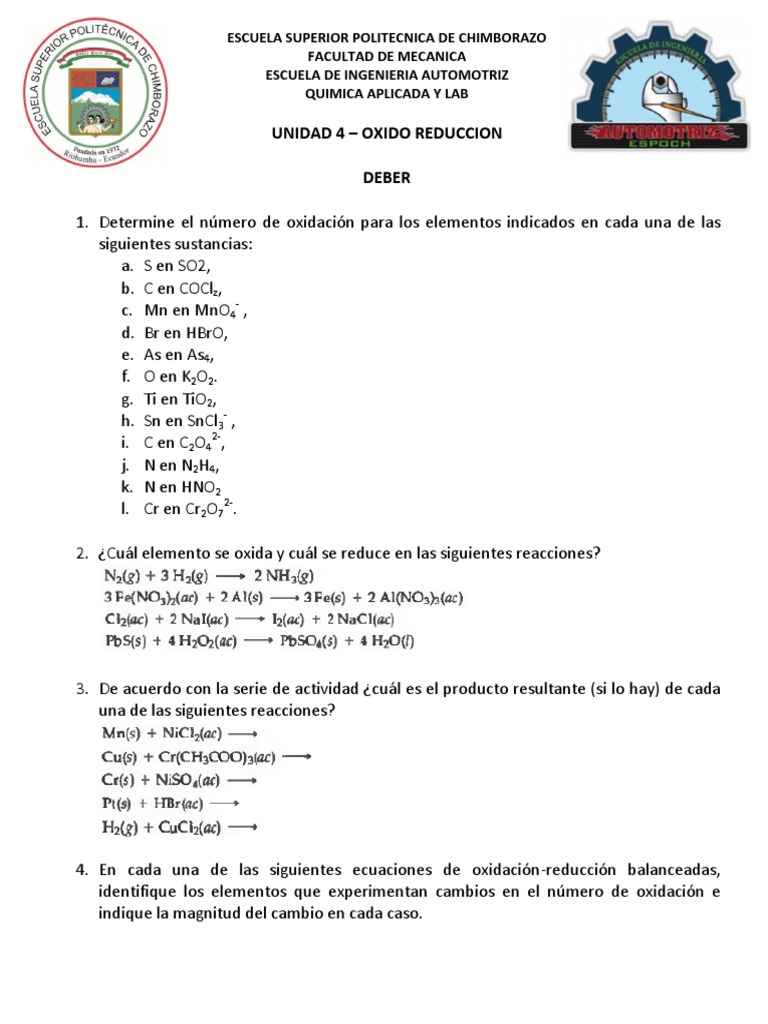 Deber Oxido Reduccion | PDF | Electrodo | Redox
