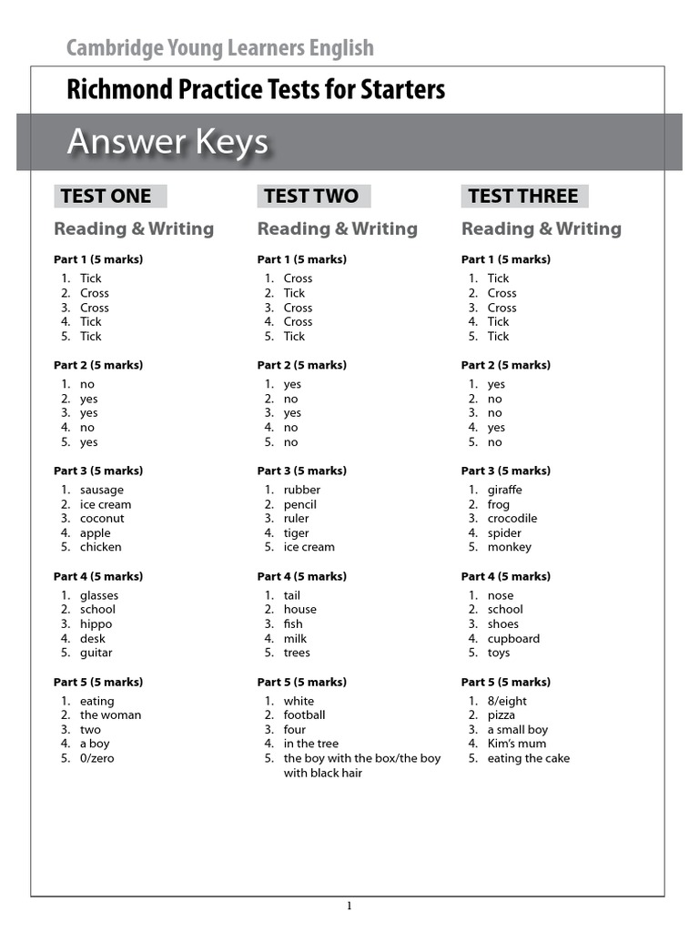 Answer Keys: Richmond Practice Tests For Starters | PDF | Leisure | Nature