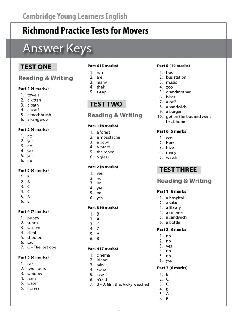 Answer Keys: Richmond Practice Tests For Movers | PDF