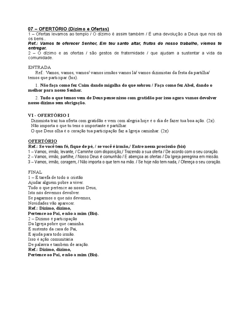 Cantos Do Dizimo | Igreja Católica | Religião e Crença