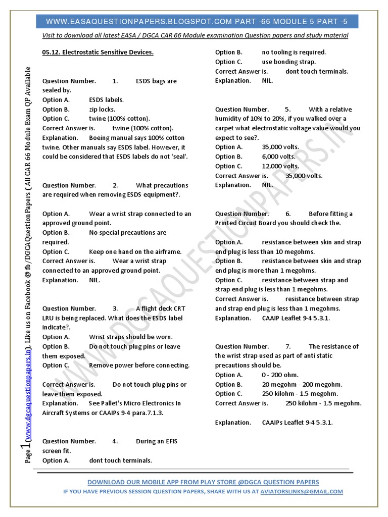 EASA Part 66 Module 5 Exam Questions | PDF | Electrostatic Discharge ...