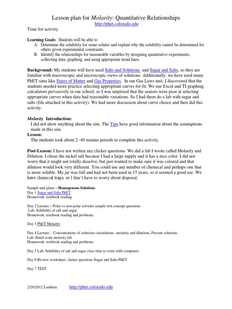 Lesson Plan For Molarity: Quantitative Relationships: Background: My ...