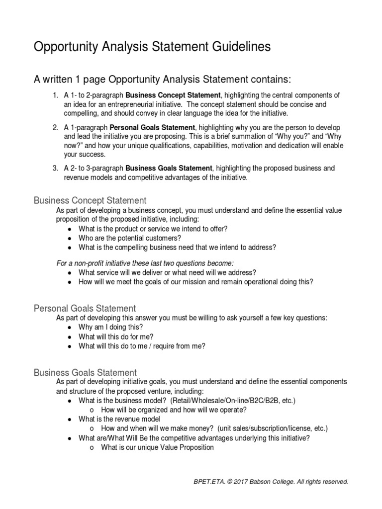 A Written 1 Page Opportunity Analysis Statement Contains | PDF ...