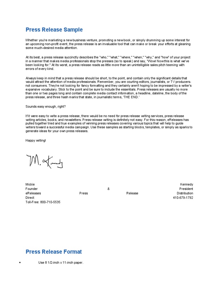 Press Release Sample | PDF | Text Messaging | Press Release