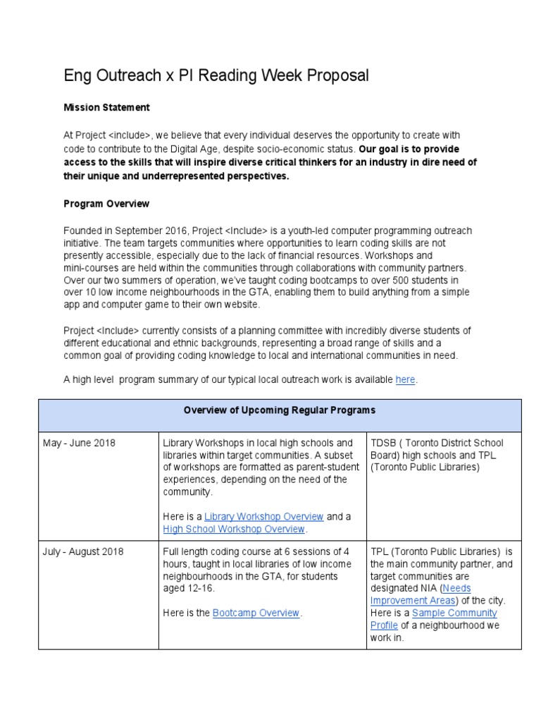 Eng Outreach X PI Reading Week Proposal | PDF | Human Resource ...