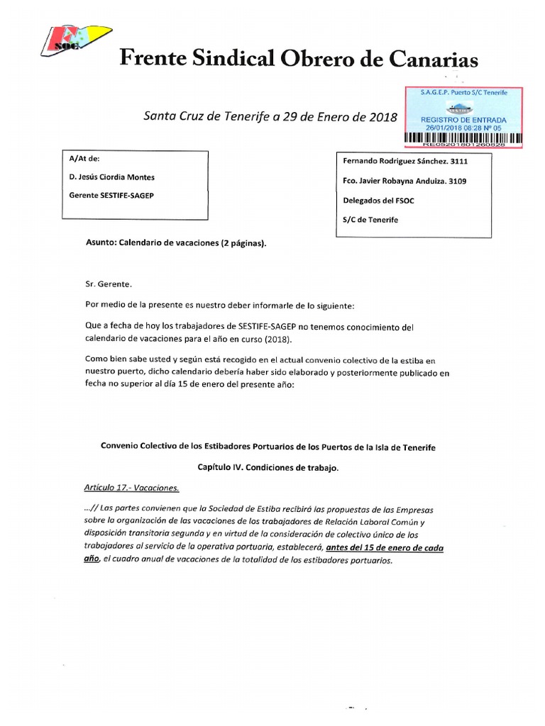 Carta Publicar Calendario Vacaciones 2018 | PDF | Vacaciones o ...