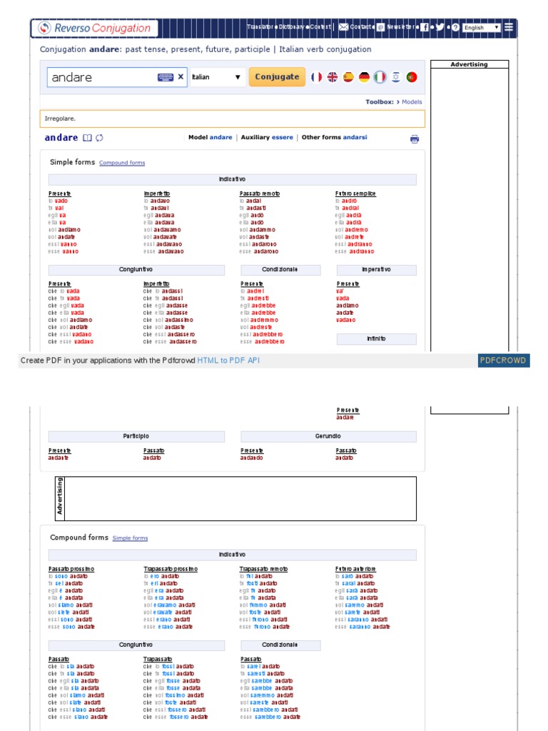 Andare Italian Verbs | PDF | Verb | Grammar