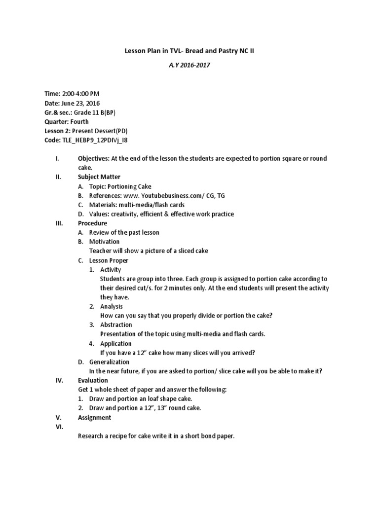 Lesson Plan in TVL-Bread and Pastry NC II | PDF | Cakes | Pedagogy