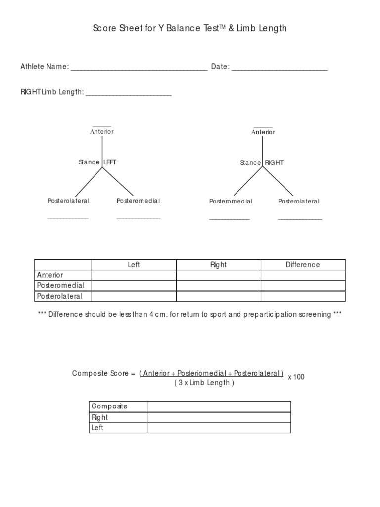 Y Balance Score Sheet | PDF