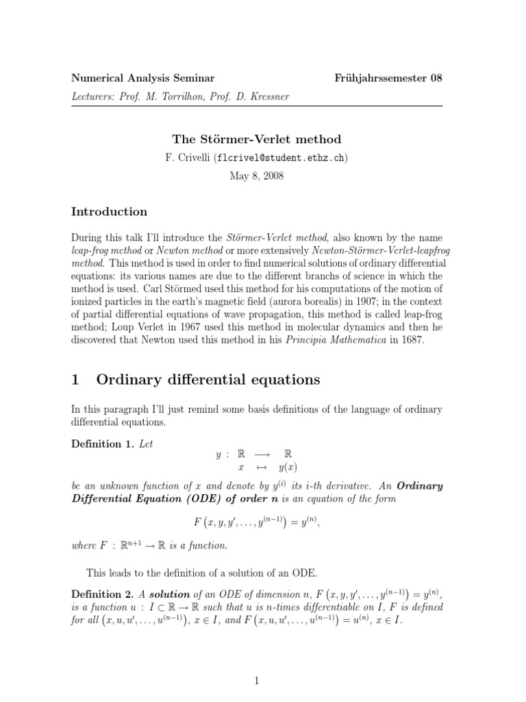 The ST Ormer-Verlet Method: 1 Ordinary Differential Equations | PDF ...